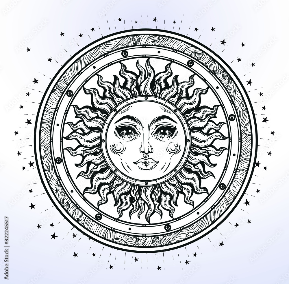 Vintage elegant hand-draw work of sun, sky, stars. Sacred Geometry ...