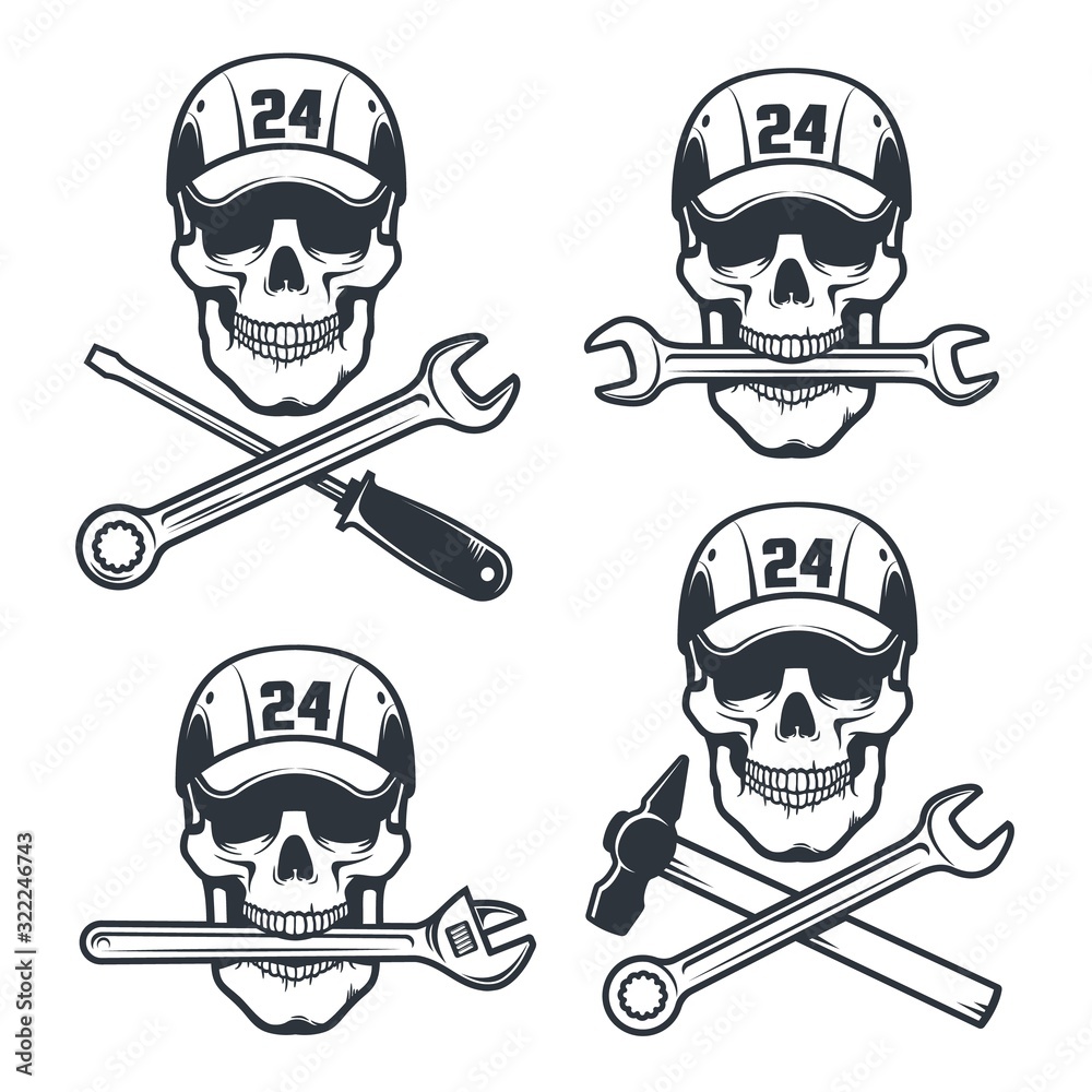 Mechanic Skull in cap with spanner and hammer - retro logo. Skeleton ...