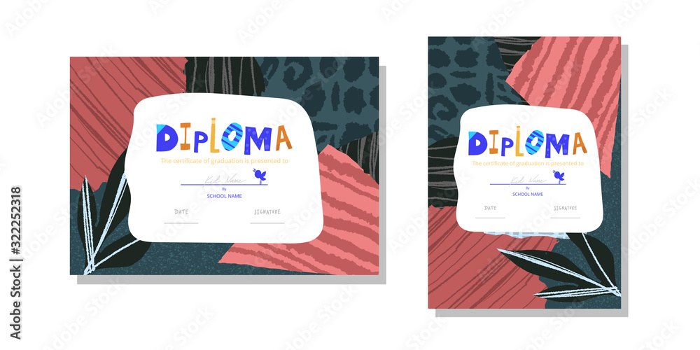 Horizontal and vertical Diploma template for kids. Modern colorful ...