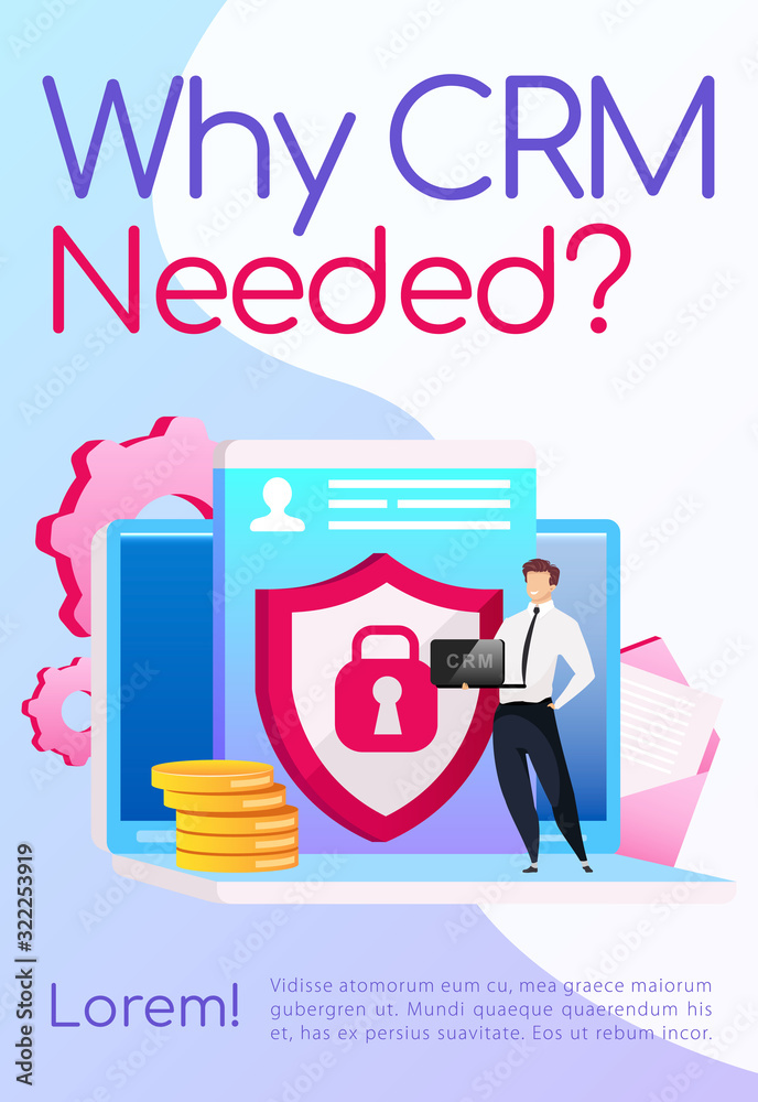 Why CRM neded poster flat vector template. Smiling man standing on ...