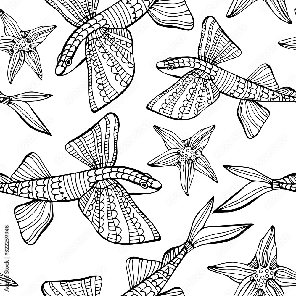 Hand drawn flying fish and starfish coloring vector pattern for ...