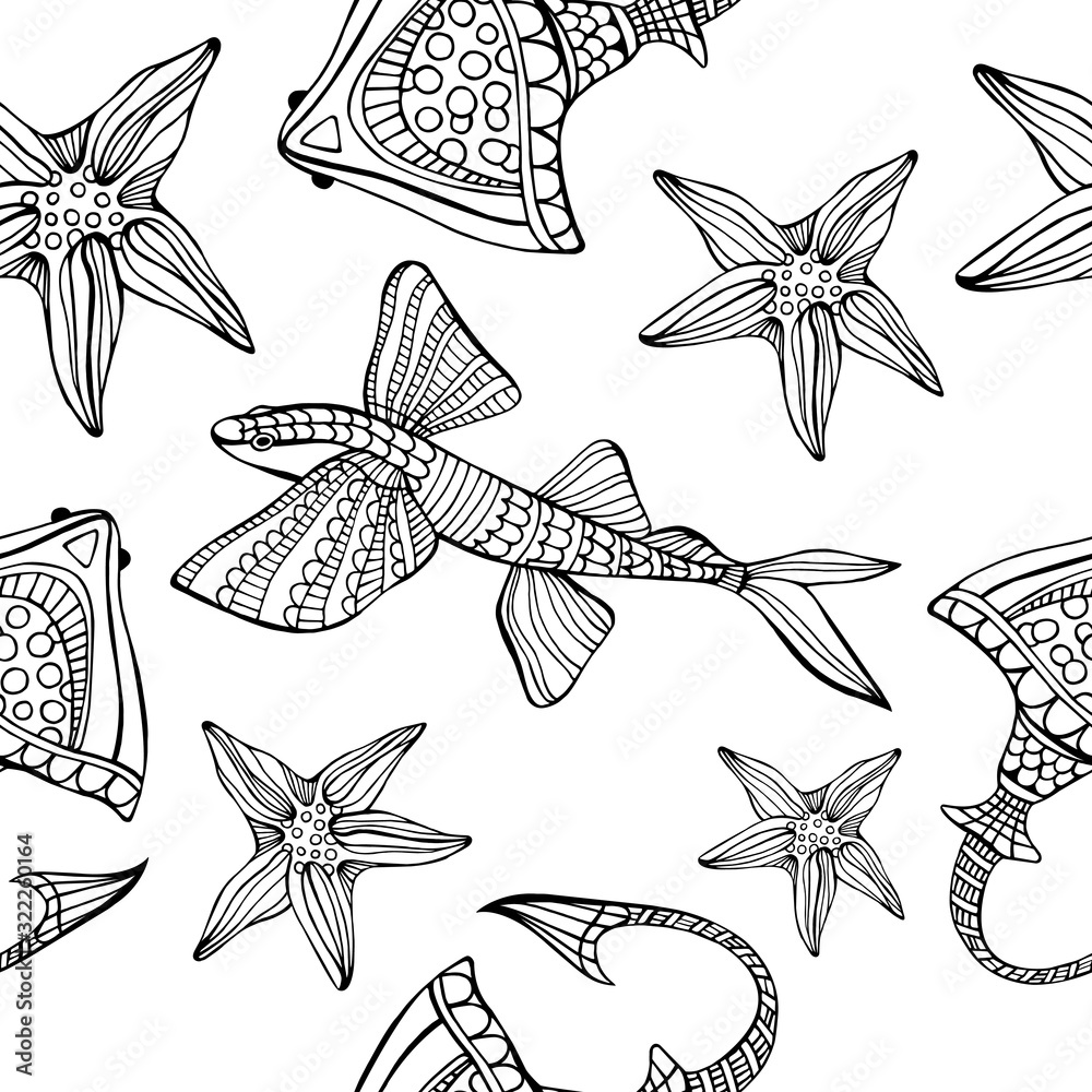 Hand drawn flying fish, starfish and stingray coloring vector pattern ...