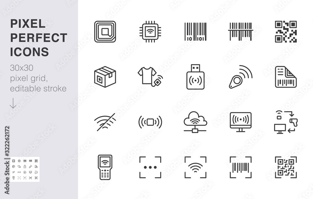 RFID, qr code, barcode line icon set. Price tag scanner label reader ...