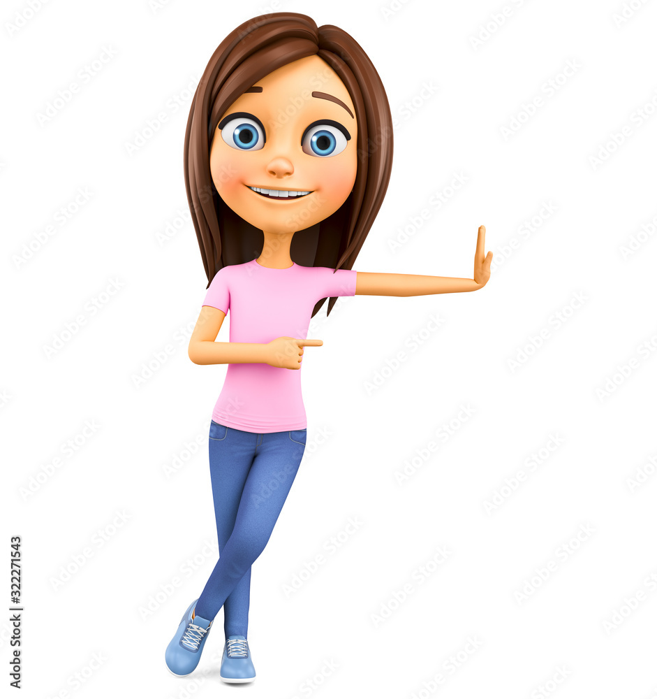 Cheerful cartoon character girl on a white background is leaning ...