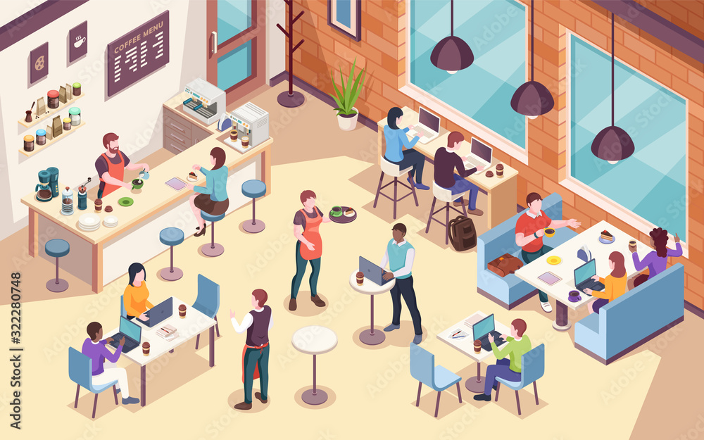 Interior view on people working and having lunch at cafe or cafeteria, work or job coffee ...