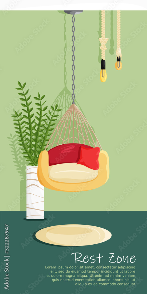 Vector interior of rest zone with hanging chair in cartoon flat style ...