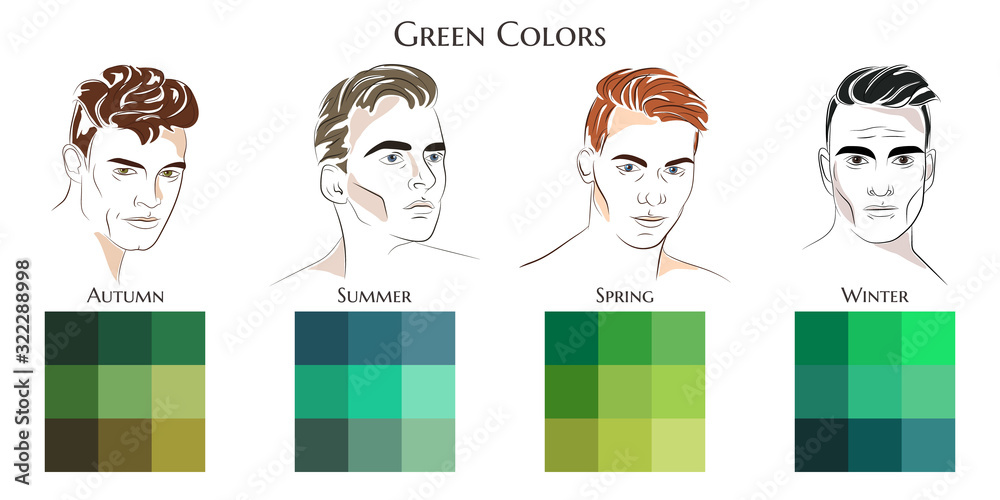 Seasonal color analysis. Vector hand drawn men with different types of ...