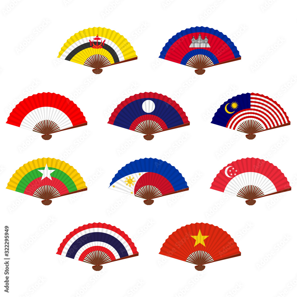 Traditional asian folding hand fan, set. Symbols of the flags of the ...