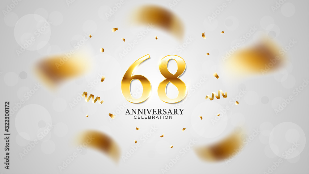 68th anniversary celebration with gold color and white background bokeh ...