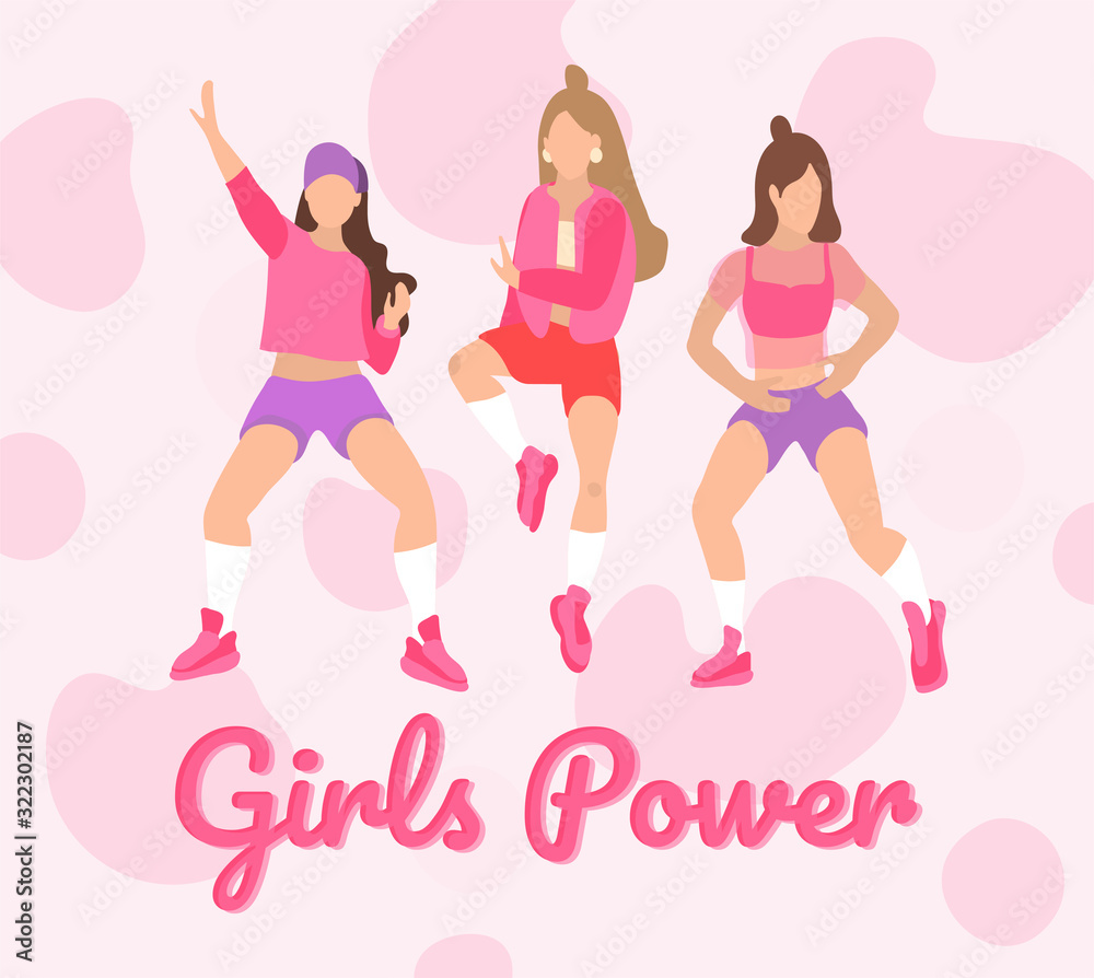 Vector illustration of young dancing girls in modern clothes dancing on ...