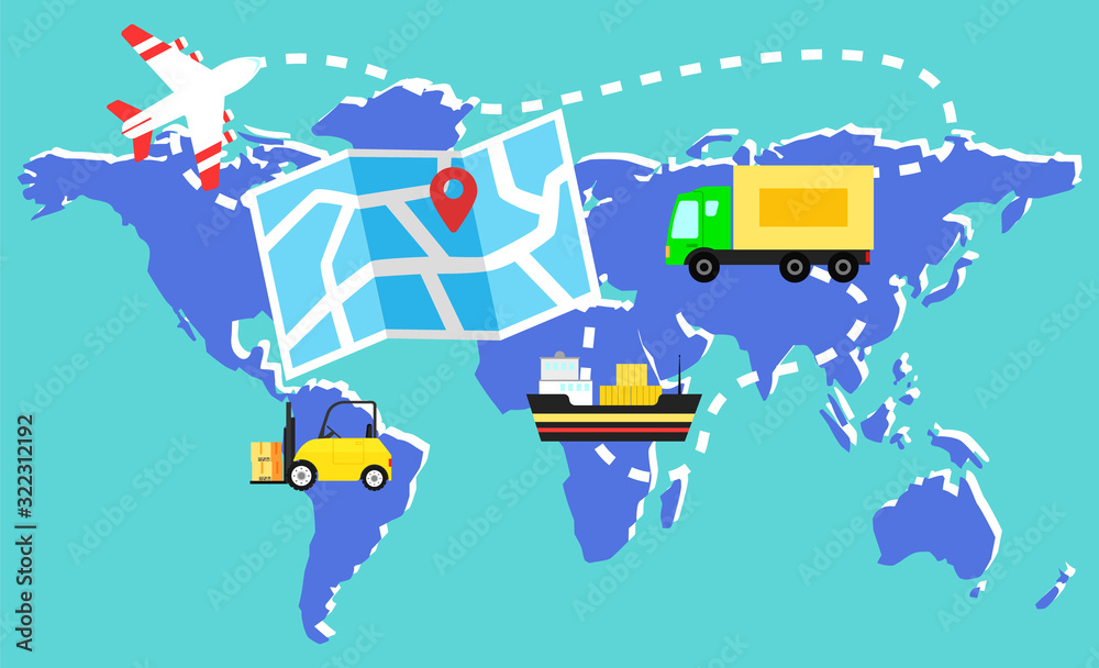 Logistics worldwide vector, map of world with geotag location pointer ...