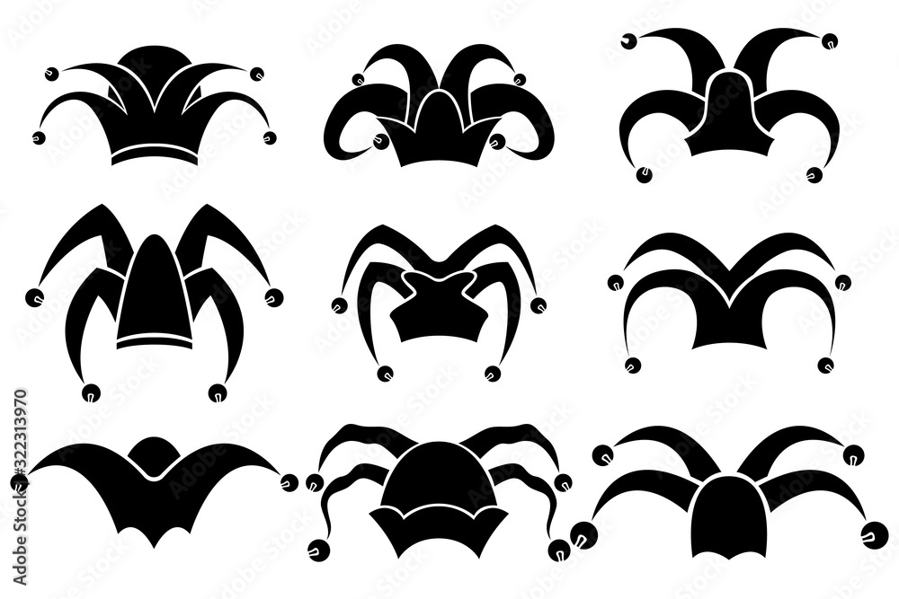 A set of nine different jester hats. Illustration for all fools ' day ...
