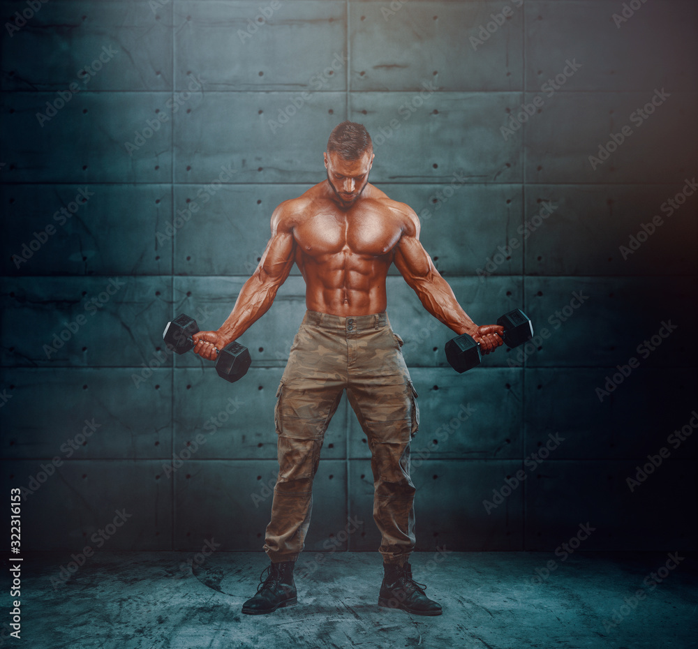 Strong Muscular Army Men Exercise With Dumbbells, Lifting Weights Stock ...