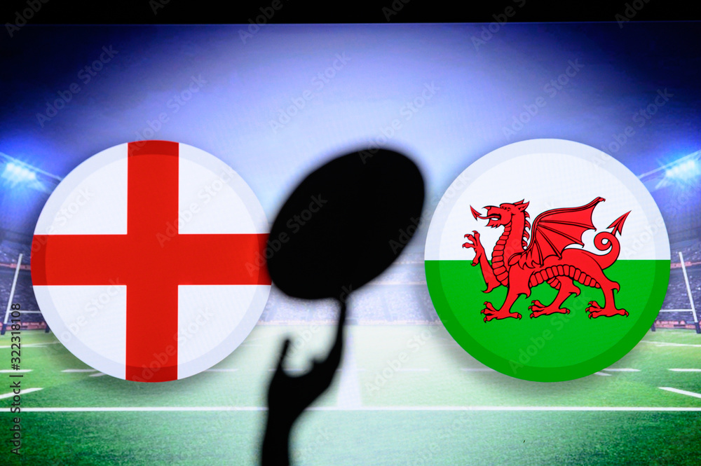 England vs Wales, Six nations Rugby match, Rugby ball in hand ...