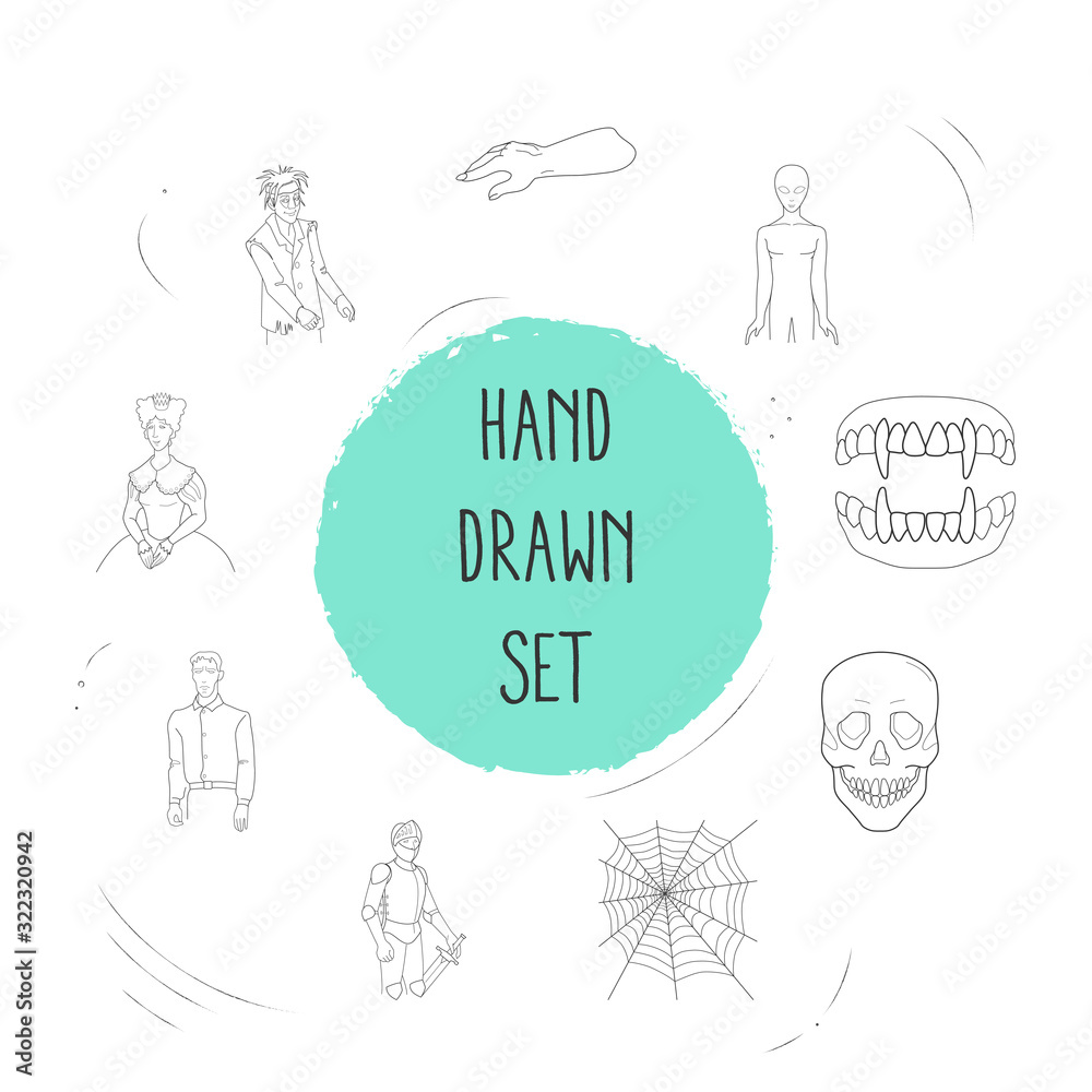Set of feast icons line style symbols with princess, skull, dead man ...