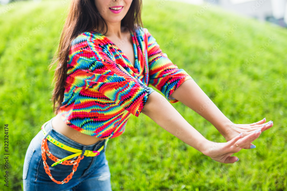 Street shaabi dance and urban dancer concept - Cheerful belly dancer ...