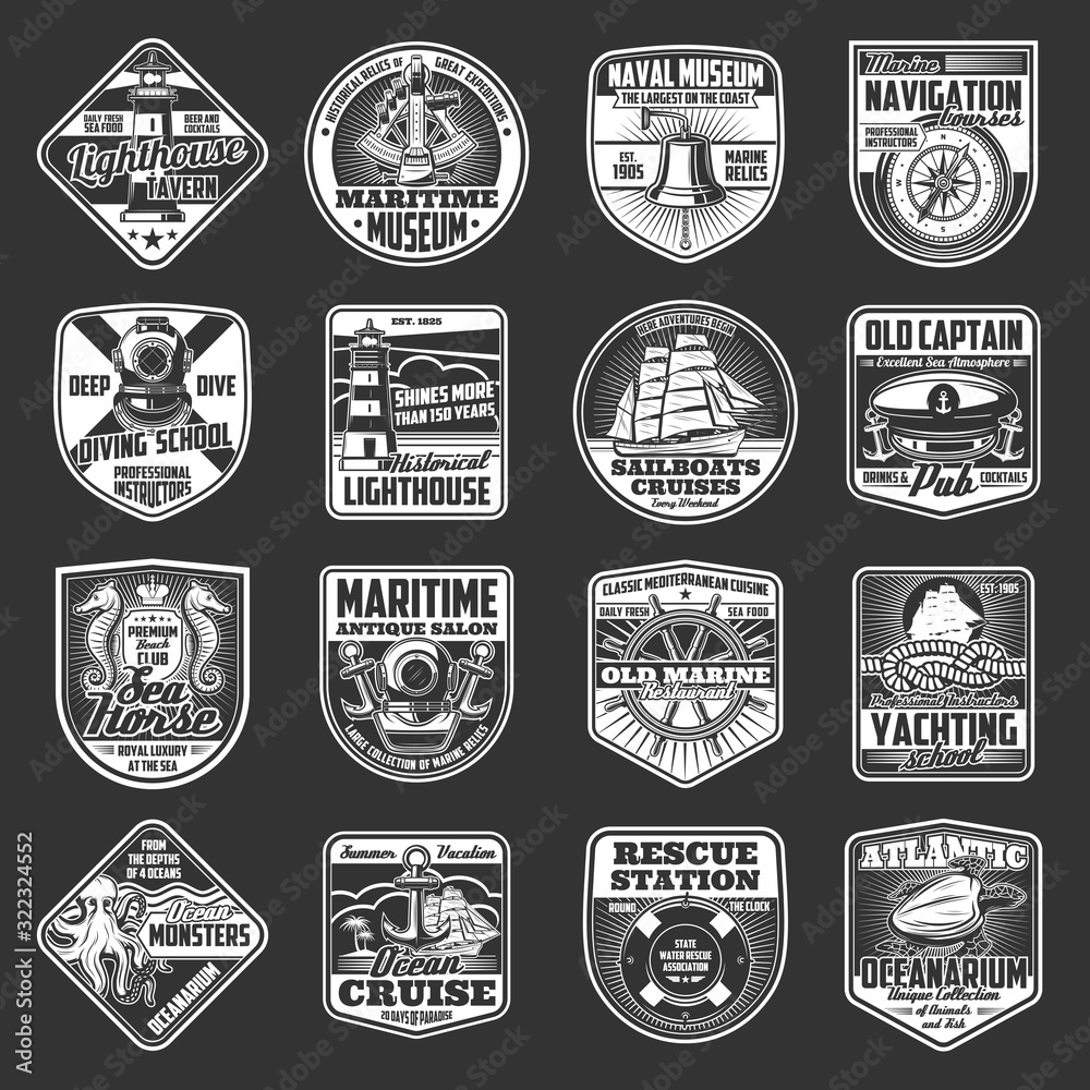 Nautical badges with vector sea ship anchors, ocean sailboats and ...