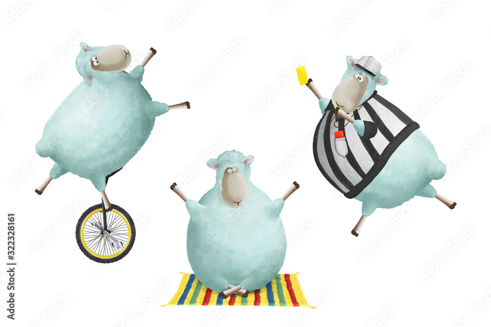 Cartoon sheep and different kind of sport. Positive clip art set ...