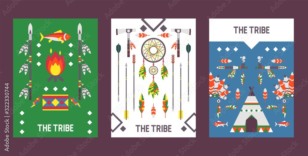 Native American indian culture banner with icons, vector illustration ...