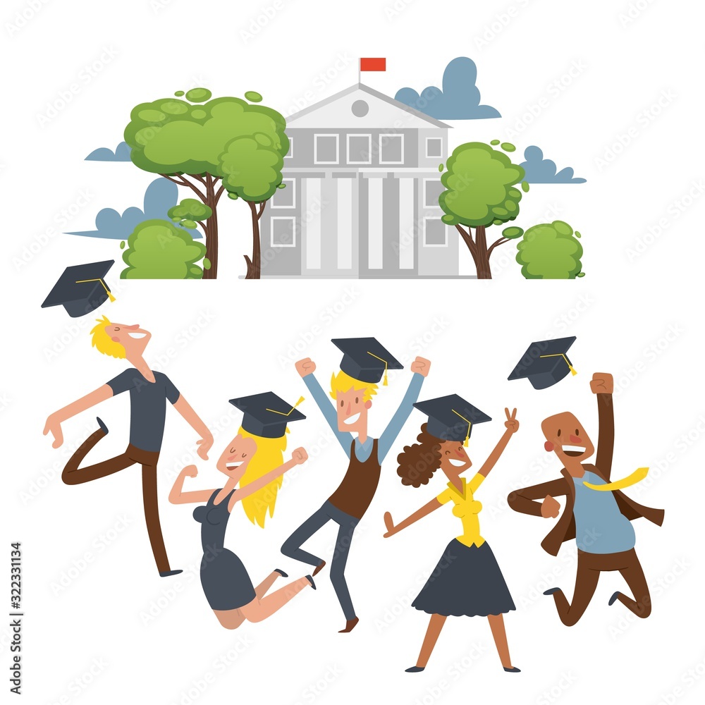 College students celebrate graduation, happy cartoon characters vector ...