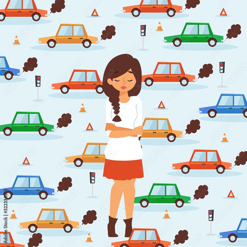 Sad girl in traffic, broken car accident vector illustration. Crying ...