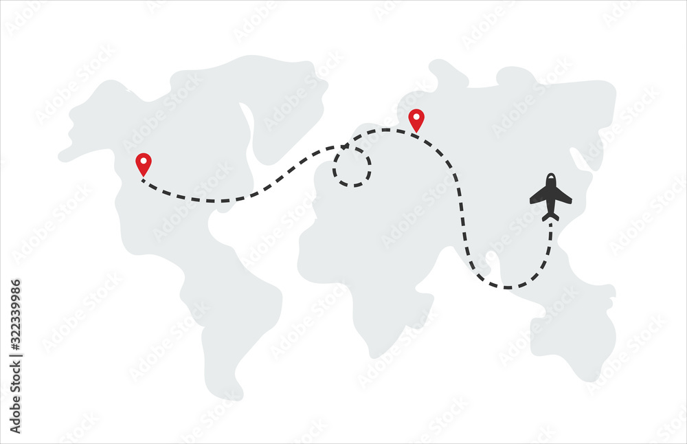 World map with airplane, flight routes and pins. Clip-art illustration ...