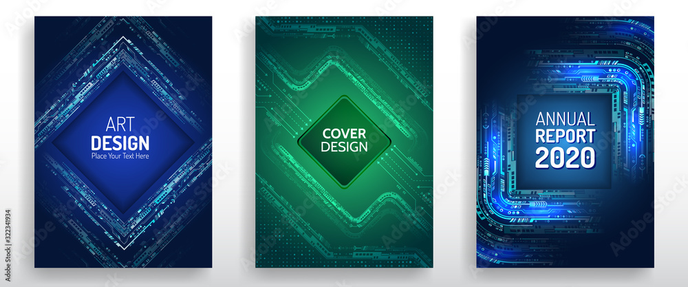 Abstract technology cover with various techno elements. High tech ...