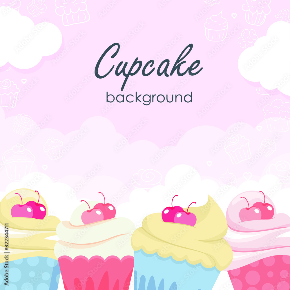 Doodle Cupcakes with sky background. flat cartoon design colorful cream ...