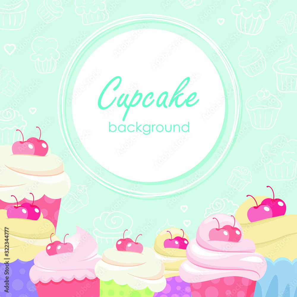 Cupcakes poster background. green background with white hand drawn of ...