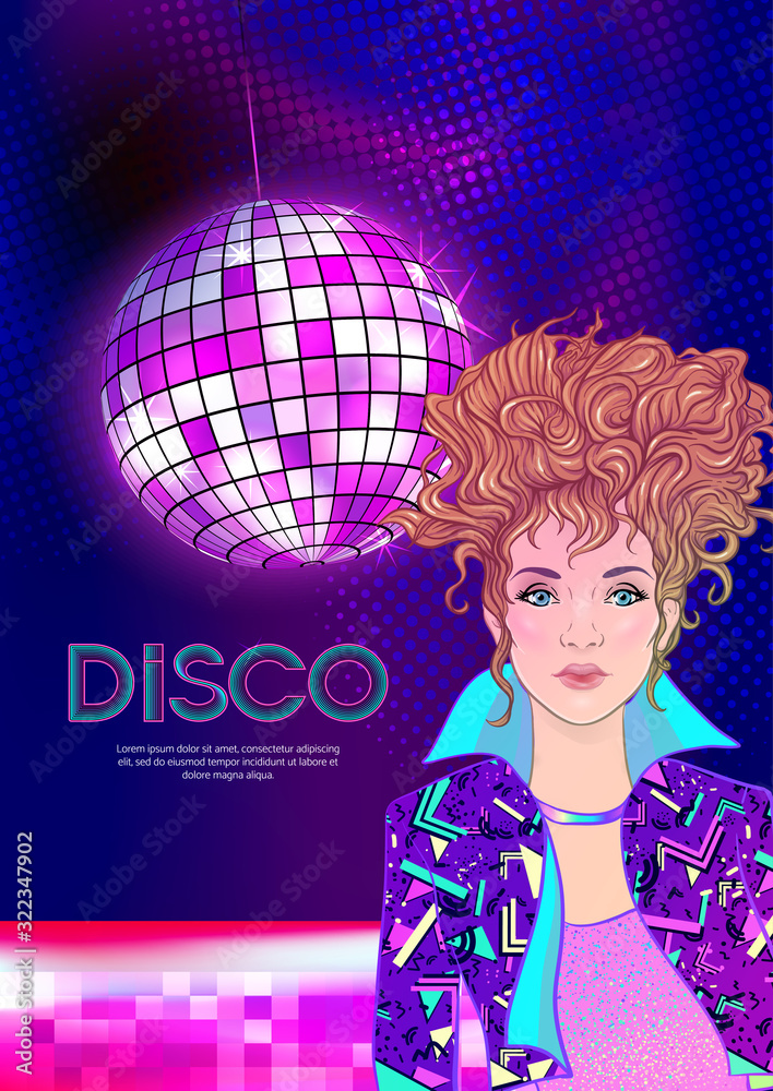 Disco time Party design template with fashion girl, disco ball, light ...