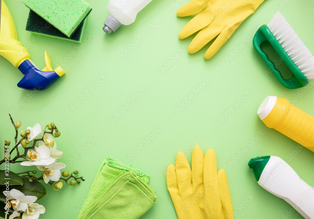 Cleaning products background, detergent bottles and tools Stock Photo ...