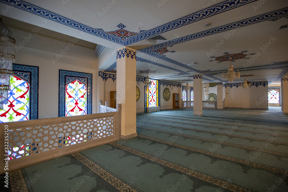 Interior of the largest and highest Muslim mosque in Europe. Moscow ...