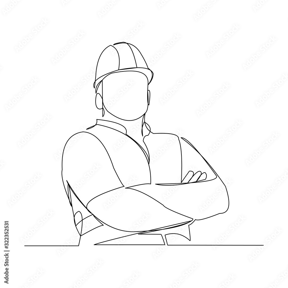 Continuous line drawing of cunstruction worker with blueprint paper ...