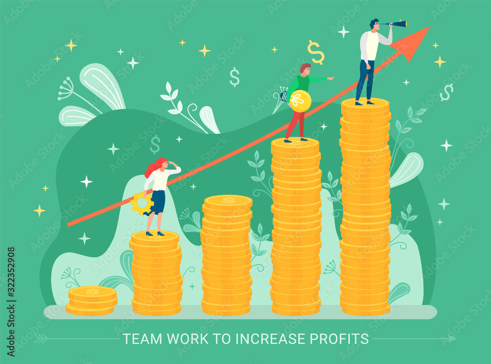Teamwork to increase profits vector, chart made of money flat style ...