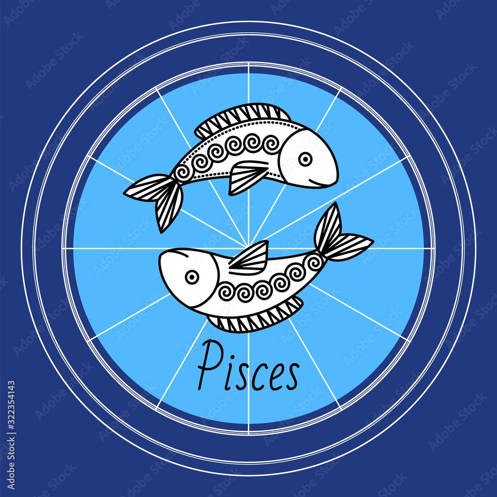Pisces negative mutable zodiac sign with sketch of two fish in circle ...