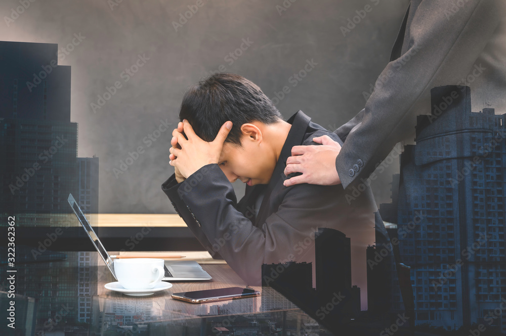 Double Exposure asian businessman sat and stressed with a friend ...
