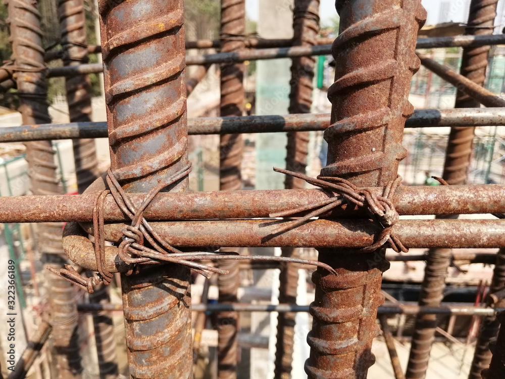 Reinforced steel with rust. The reinforcement bar was ties together ...