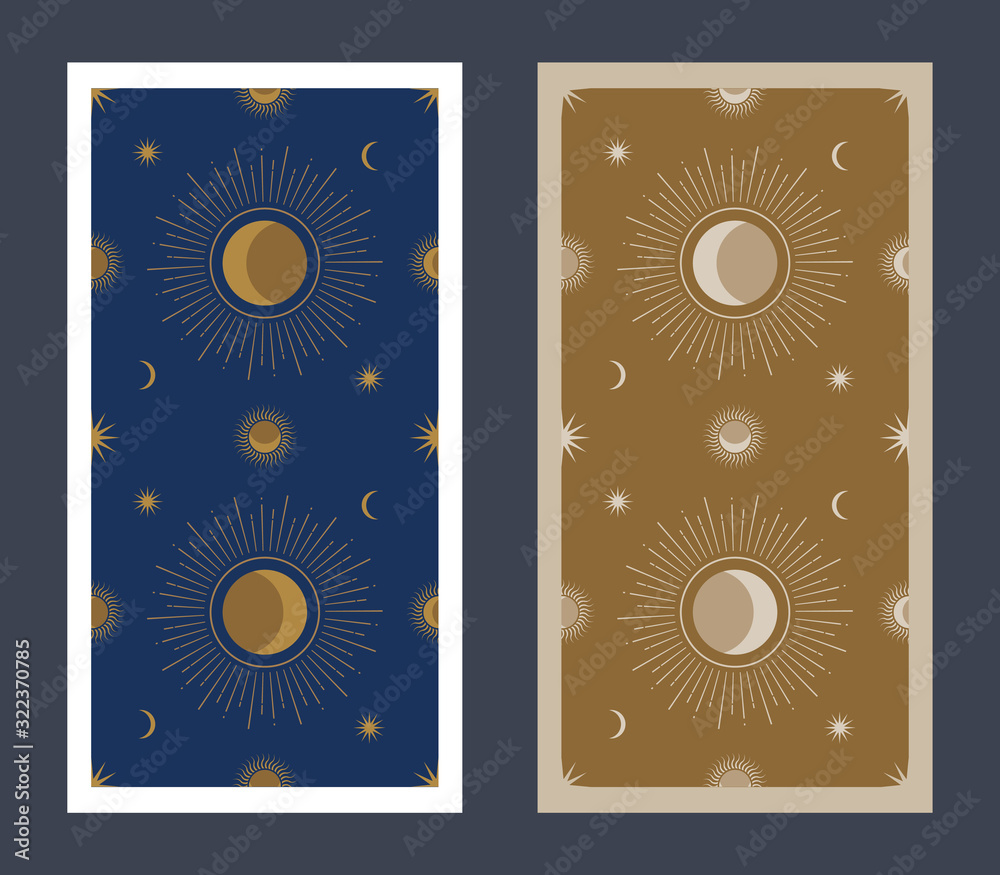 Back of Tarot card decorated with stars, sun and moon. Esoteric ...