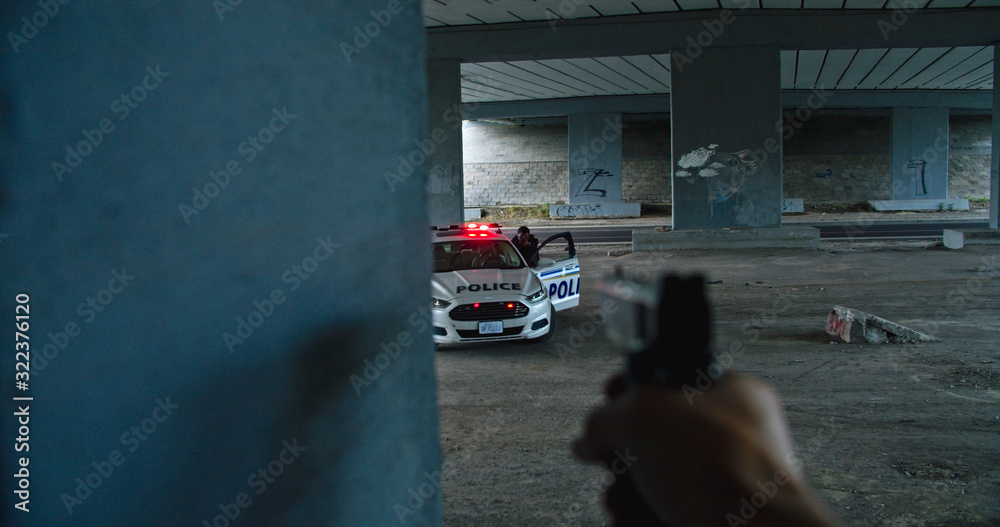 Shootout between police and criminals. Close-up dangerous offender ...