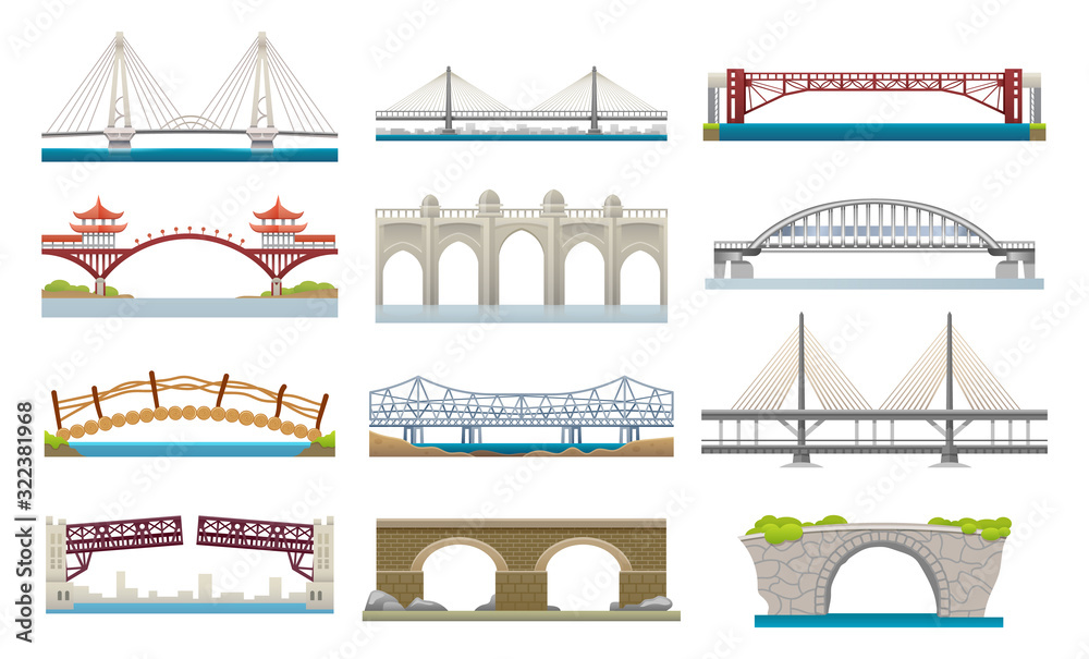 Different types of bridges architecture flat icons vector de Stock ...