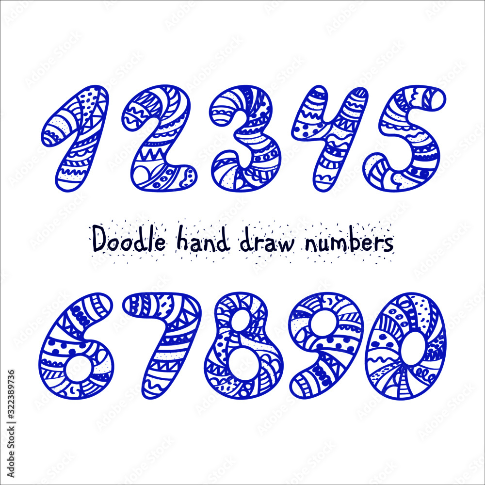 Hand drawn numbers set. Doodle font. Collection of numbers in blue ...