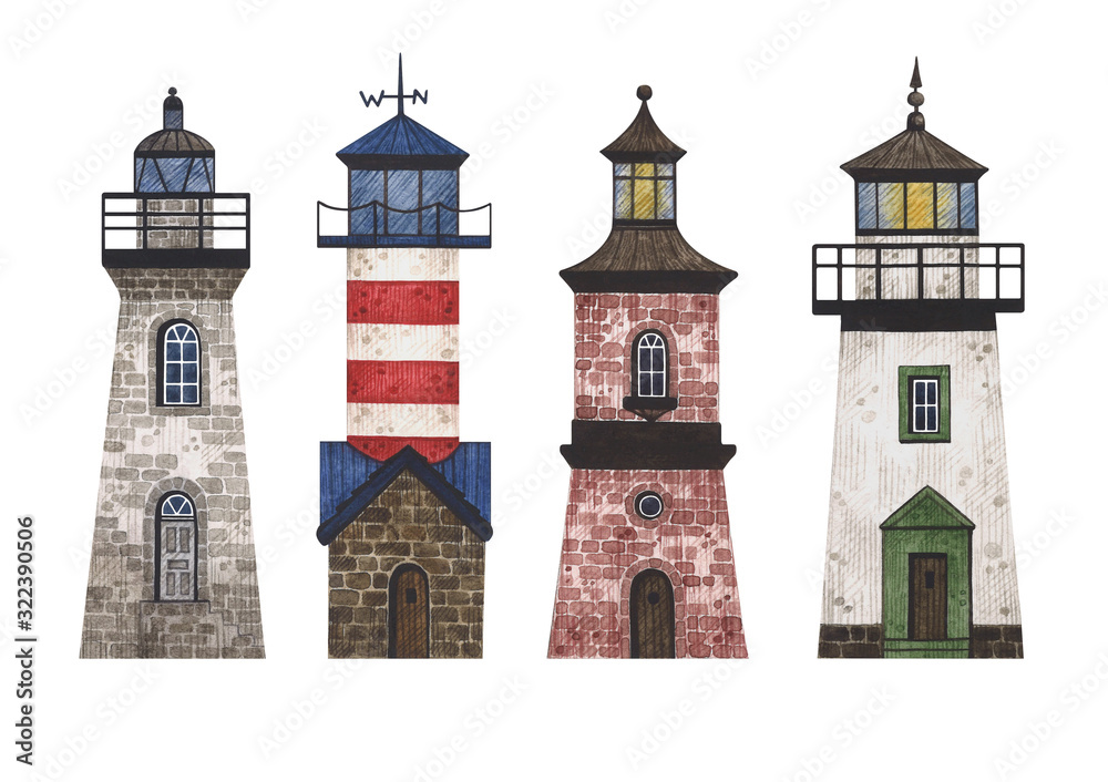 Watercolor set with cute isolated lighthouses. Illustration for ...