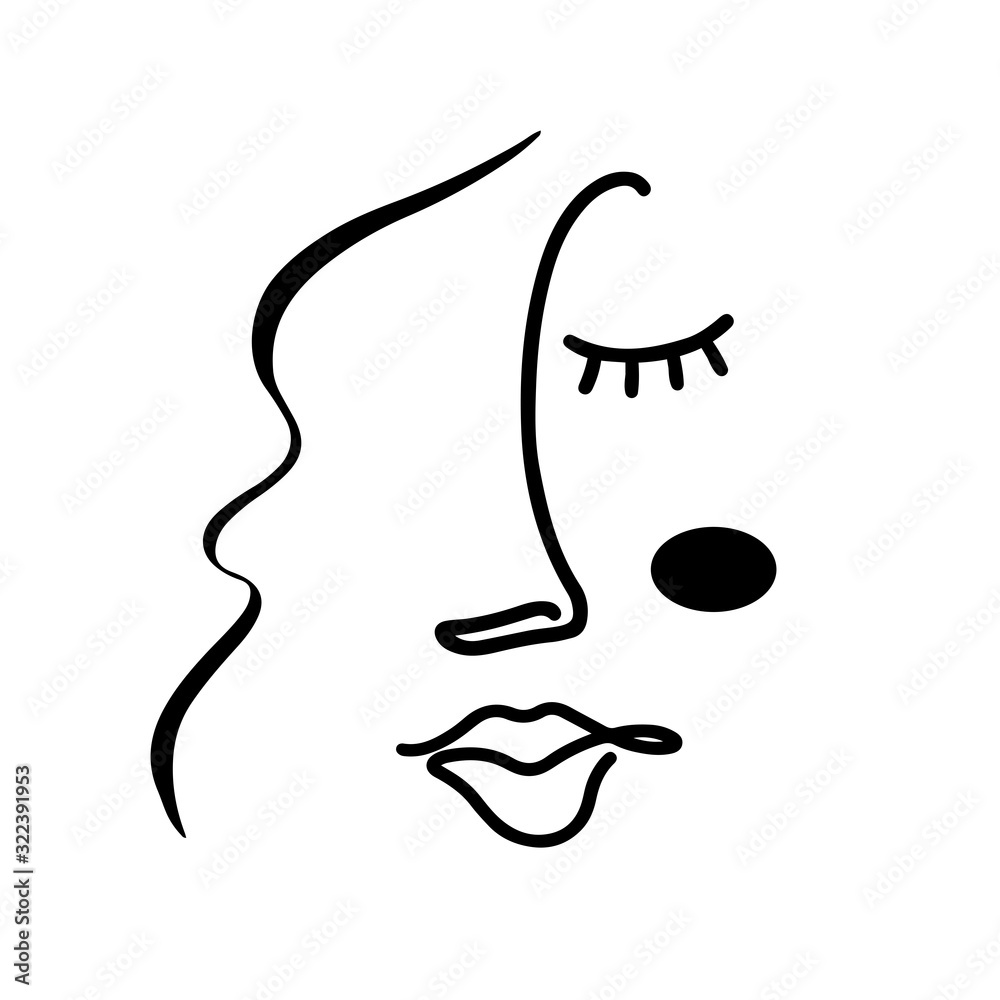 Abstract Art Woman Face Hand Drawn With Continuous Line Simple Young