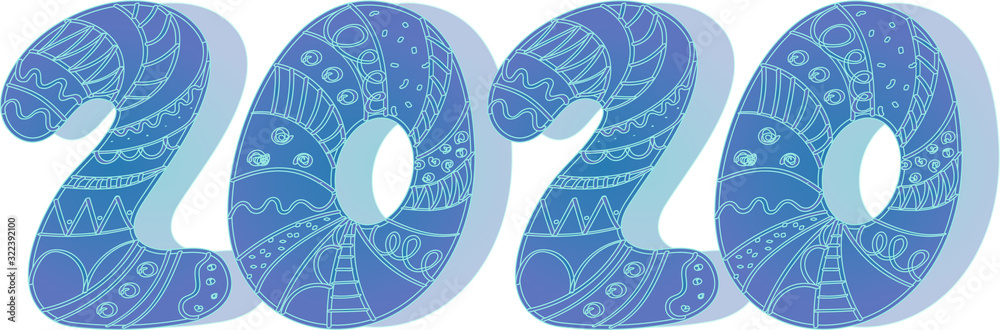 Cartoon hand drawn number 2020. Doodle style. Isolated characters ...