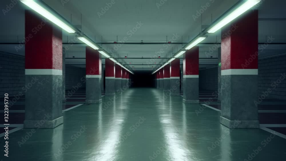 Walking through an empty underground parking garage. industrial ...