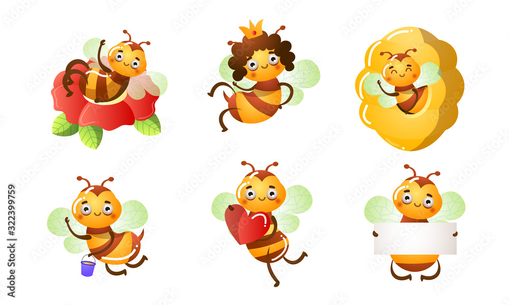 Set of smiling funny cute bees in different situations. Vector ...