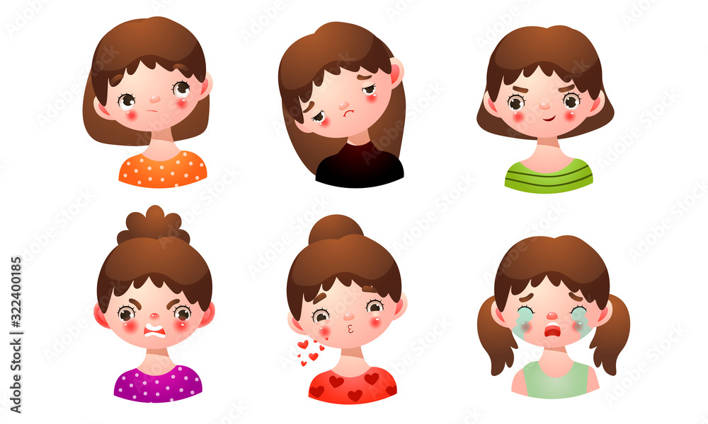 Set of the girl with different facial expressions. Vector illustration ...
