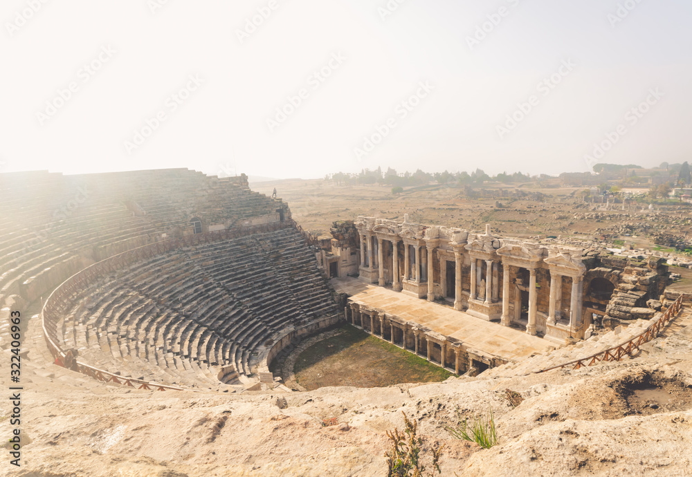 Wide Panorama of ancient greek amphitheatre in Hierapolis with the ...