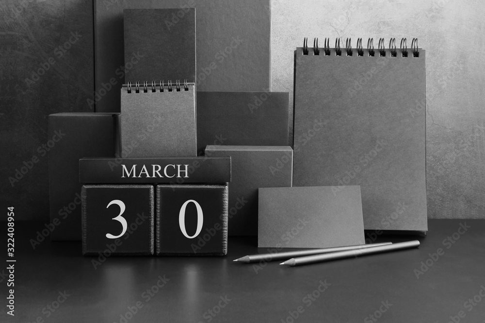 March 30th. Day 30 of month. Wood cube calendar with date month and day ...