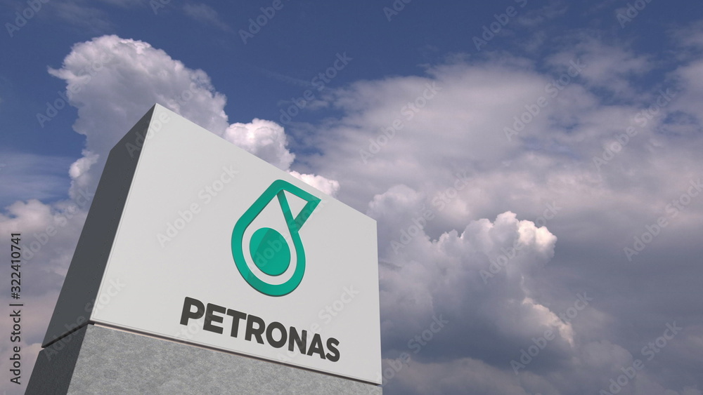 Logo of PETRONAS on a stand against cloudy sky, editorial 3D rendering ...
